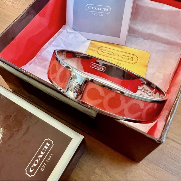 Coach | Accessories | Coach Silver And Coral Logo C Bangle Bracelet ...
